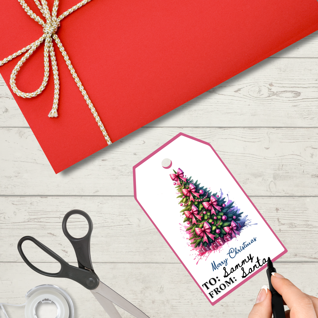 Pink Coquette Bow Christmas Tree Gift Tags Printable – DIY Party Mom